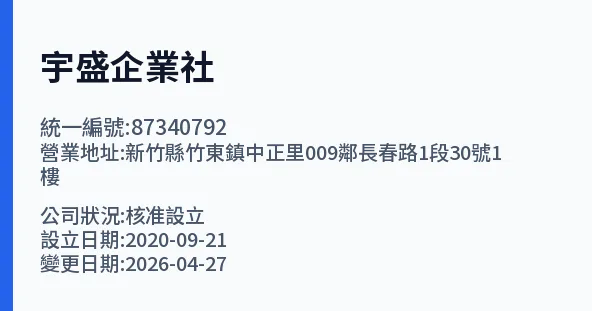 宇盛企業社的照片-統編 87340792(新竹縣) 公司登記資料與營業項目詳細圖表