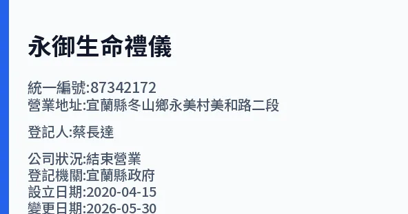 永御生命禮儀的照片-統編 87342172(宜蘭縣) 公司登記資料與營業項目詳細圖表
