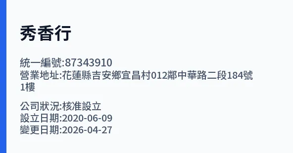 秀香行的照片-統編 87343910(花蓮縣) 公司登記資料與營業項目詳細圖表