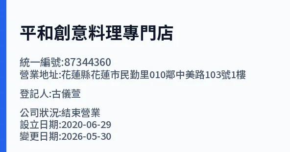 平和創意料理專門店的照片-統編 87344360(花蓮縣) 公司登記資料與營業項目詳細圖表