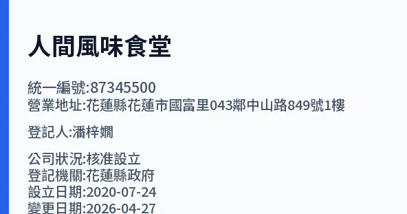 人間風味食堂的照片-統編 87345500(花蓮縣) 公司登記資料與營業項目詳細圖表