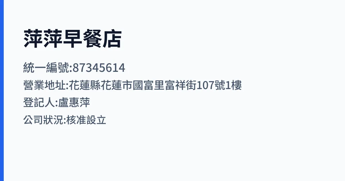 萍萍早餐店 - 統編 87345614(花蓮縣) 公司登記資料與營業項目詳細圖表