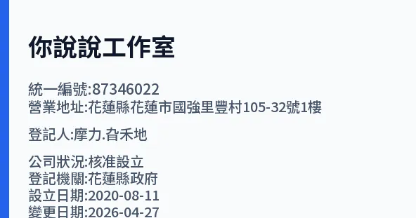 你說說工作室的照片-統編 87346022(花蓮縣) 公司登記資料與營業項目詳細圖表
