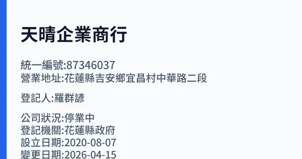天晴企業商行的照片-統編 87346037(花蓮縣) 公司登記資料與營業項目詳細圖表