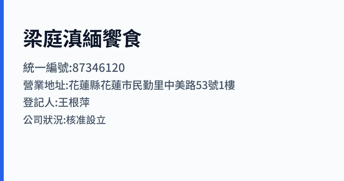 梁庭滇緬饗食 - 統編 87346120(花蓮縣) 公司登記資料與營業項目詳細圖表