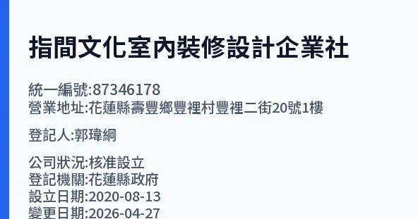 指間文化室內裝修設計企業社的照片-統編 87346178(花蓮縣) 公司登記資料與營業項目詳細圖表