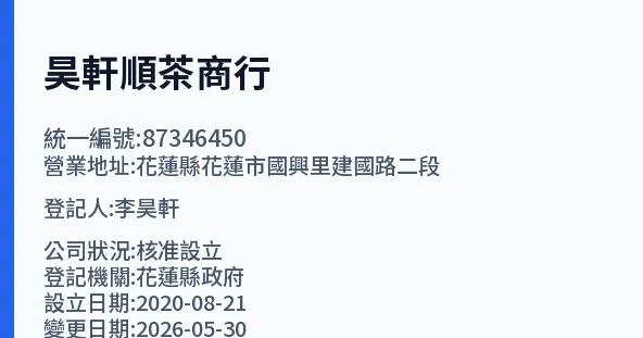 昊軒順茶商行的照片-統編 87346450(花蓮縣) 公司登記資料與營業項目詳細圖表