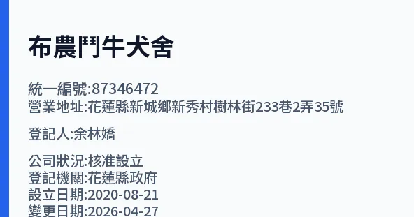 布農鬥牛犬舍的照片-統編 87346472(花蓮縣) 公司登記資料與營業項目詳細圖表