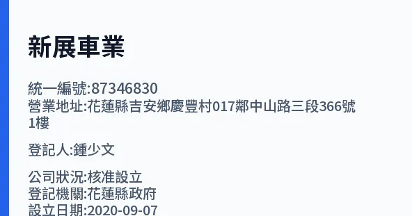 新展車業的照片-統編 87346830(花蓮縣) 公司登記資料與營業項目詳細圖表