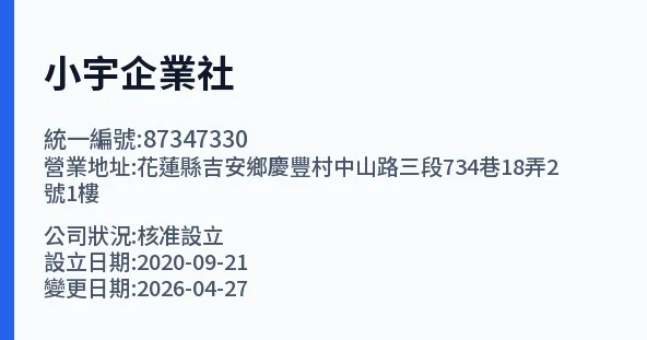小宇企業社的照片-統編 87347330(花蓮縣) 公司登記資料與營業項目詳細圖表