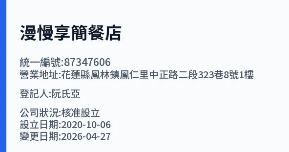 漫慢享簡餐店的照片-統編 87347606(花蓮縣) 公司登記資料與營業項目詳細圖表