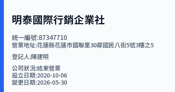 明泰國際行銷企業社的照片-統編 87347710(花蓮縣) 公司登記資料與營業項目詳細圖表