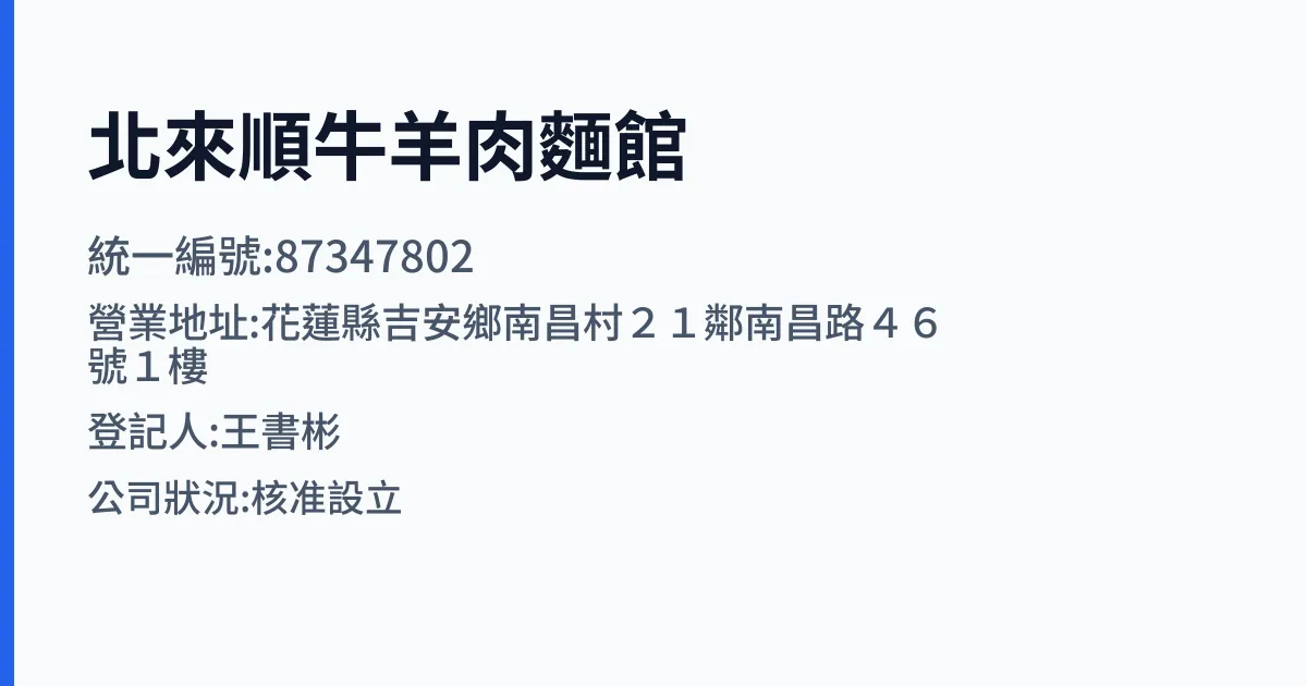 北來順牛羊肉麵館 - 統編 87347802(花蓮縣) 公司登記資料與營業項目詳細圖表