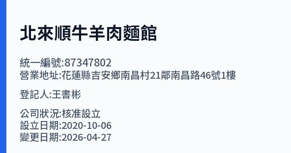 北來順牛羊肉麵館的照片-統編 87347802(花蓮縣) 公司登記資料與營業項目詳細圖表