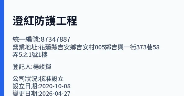 澄紅防護工程的照片-統編 87347887(花蓮縣) 公司登記資料與營業項目詳細圖表