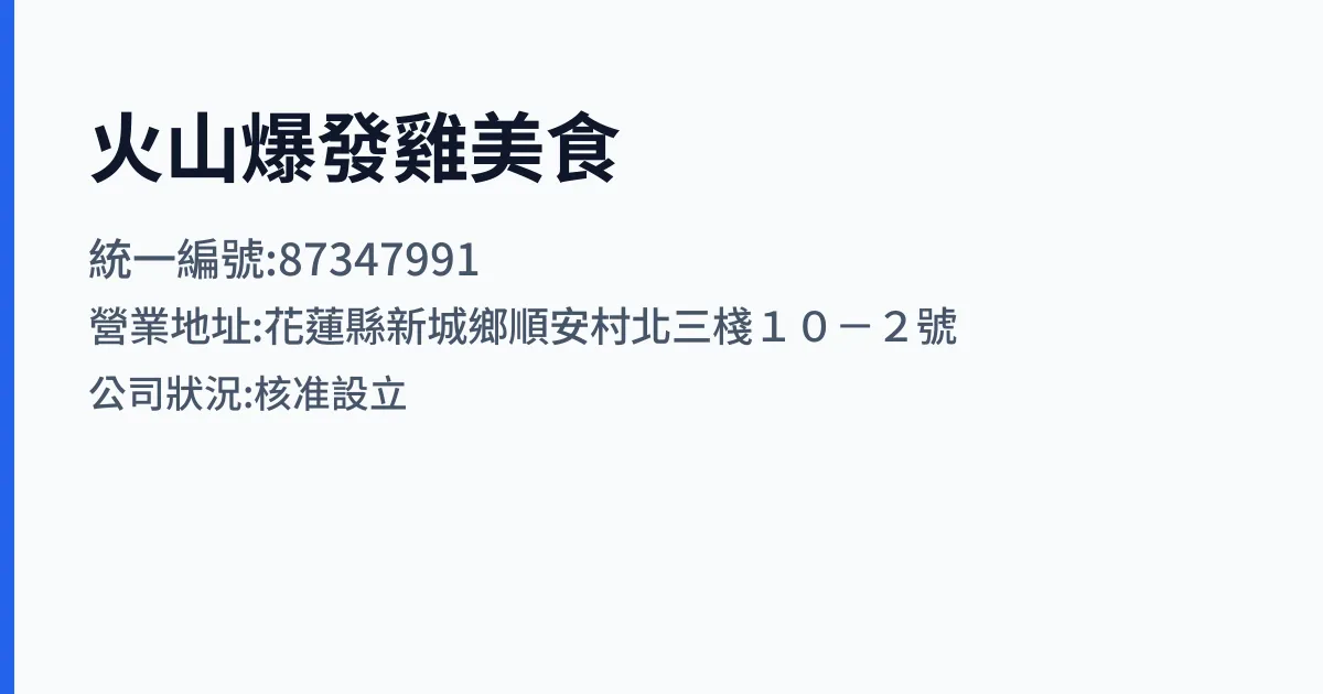 火山爆發雞美食 - 統編 87347991(花蓮縣) 公司登記資料與營業項目詳細圖表