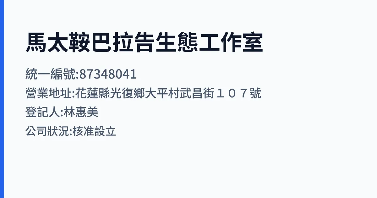 馬太鞍巴拉告生態工作室 - 統編 87348041(花蓮縣) 公司登記資料與營業項目詳細圖表
