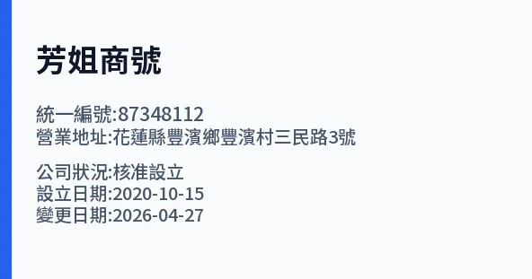 芳姐商號的照片-統編 87348112(花蓮縣) 公司登記資料與營業項目詳細圖表
