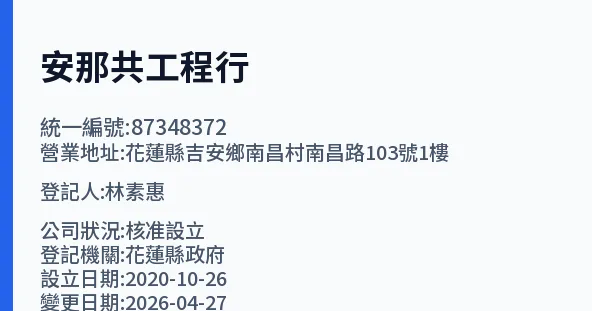 安那共工程行的照片-統編 87348372(花蓮縣) 公司登記資料與營業項目詳細圖表