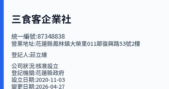三食客企業社的照片-統編 87348838(花蓮縣) 公司登記資料與營業項目詳細圖表