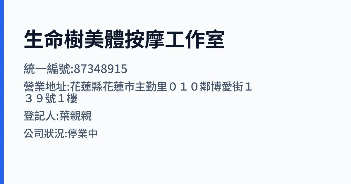 生命樹美體按摩工作室 - 統編 87348915(花蓮縣) 公司登記資料與營業項目詳細圖表