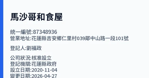 馬沙哥和食屋的照片-統編 87348936(花蓮縣) 公司登記資料與營業項目詳細圖表