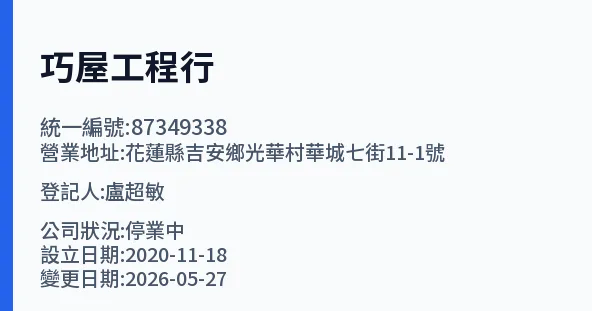 巧屋工程行的照片-統編 87349338(花蓮縣) 公司登記資料與營業項目詳細圖表