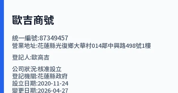 歐吉商號的照片-統編 87349457(花蓮縣) 公司登記資料與營業項目詳細圖表