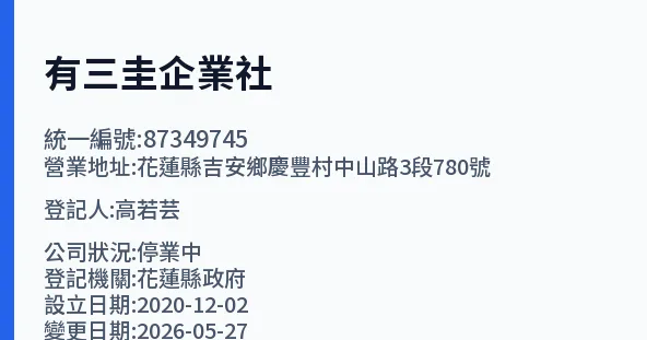有三圭企業社的照片-統編 87349745(花蓮縣) 公司登記資料與營業項目詳細圖表