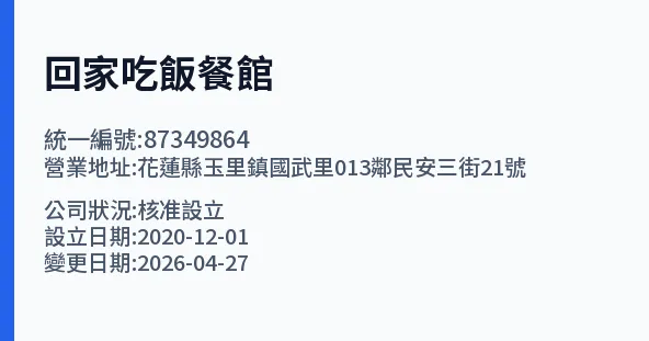 回家吃飯餐館的照片-統編 87349864(花蓮縣) 公司登記資料與營業項目詳細圖表