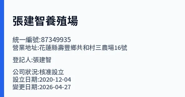 張建智養殖場的照片-統編 87349935(花蓮縣) 公司登記資料與營業項目詳細圖表