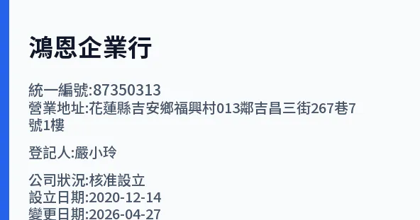 鴻恩企業行的照片-統編 87350313(花蓮縣) 公司登記資料與營業項目詳細圖表