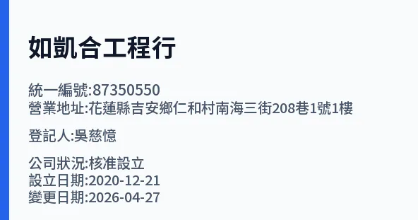 如凱合工程行的照片-統編 87350550(花蓮縣) 公司登記資料與營業項目詳細圖表