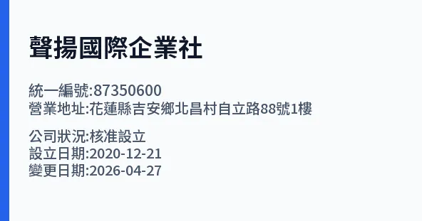 聲揚國際企業社的照片-統編 87350600(花蓮縣) 公司登記資料與營業項目詳細圖表