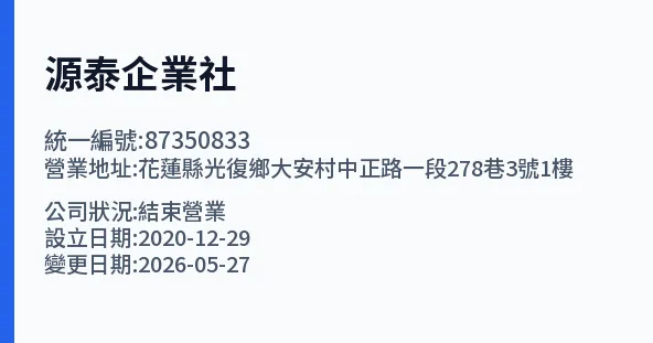 源泰企業社的照片-統編 87350833(花蓮縣) 公司登記資料與營業項目詳細圖表