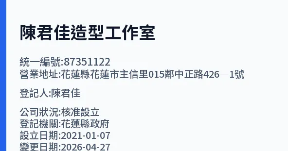 陳君佳造型工作室的照片-統編 87351122(花蓮縣) 公司登記資料與營業項目詳細圖表