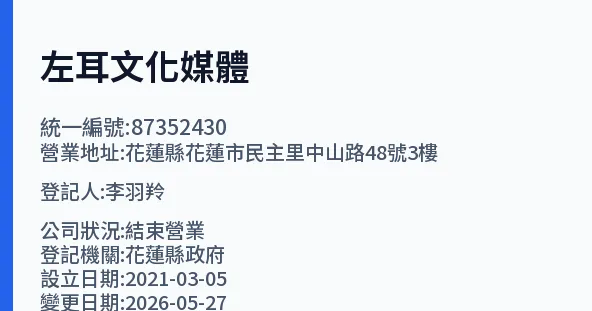 左耳文化媒體的照片-統編 87352430(花蓮縣) 公司登記資料與營業項目詳細圖表
