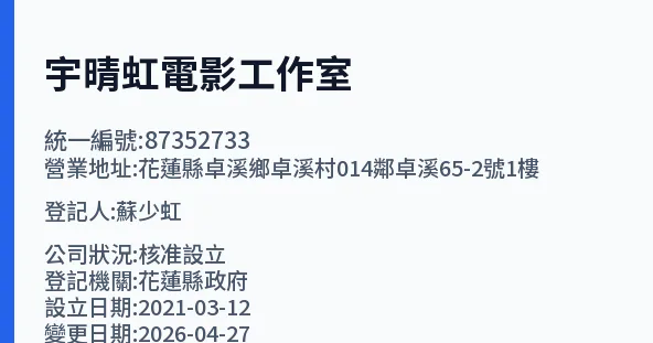宇晴虹電影工作室的照片-統編 87352733(花蓮縣) 公司登記資料與營業項目詳細圖表