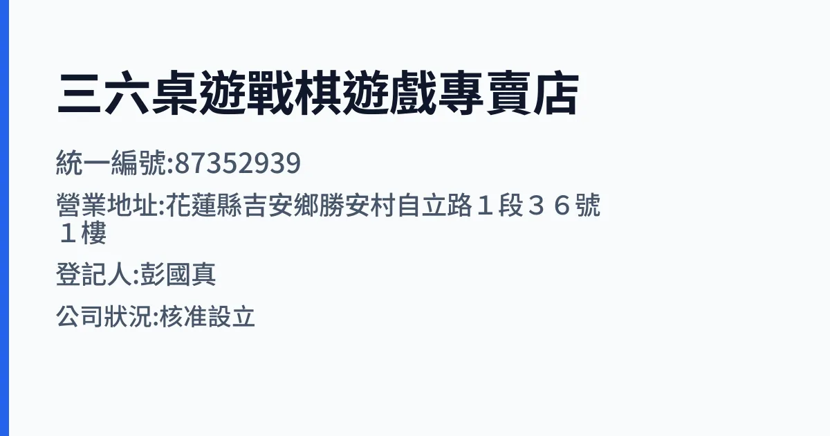 三六桌遊戰棋遊戲專賣店 - 統編 87352939(花蓮縣) 公司登記資料與營業項目詳細圖表