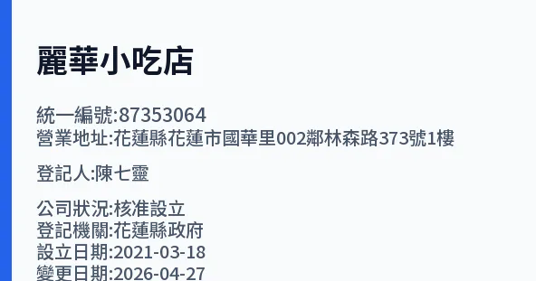 麗華小吃店的照片-統編 87353064(花蓮縣) 公司登記資料與營業項目詳細圖表