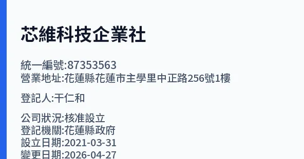 芯維科技企業社的照片-統編 87353563(花蓮縣) 公司登記資料與營業項目詳細圖表