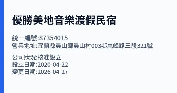 優勝美地音樂渡假民宿的照片-統編 87354015(宜蘭縣) 公司登記資料與營業項目詳細圖表