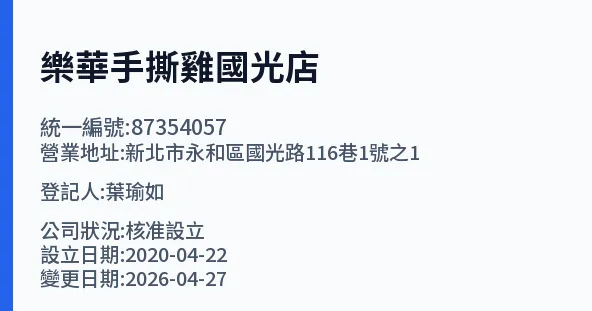 樂華手撕雞國光店的照片-統編 87354057(新北市) 公司登記資料與營業項目詳細圖表