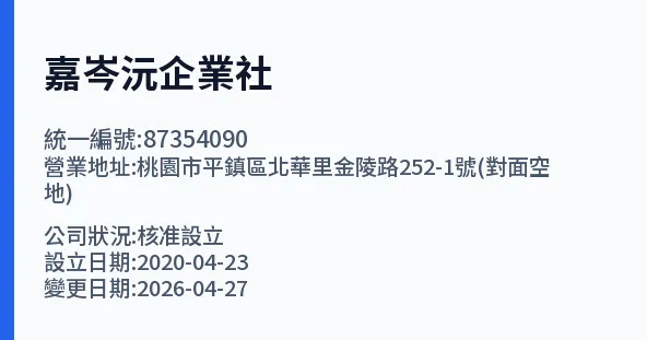 嘉岑沅企業社的照片-統編 87354090(桃園市) 公司登記資料與營業項目詳細圖表