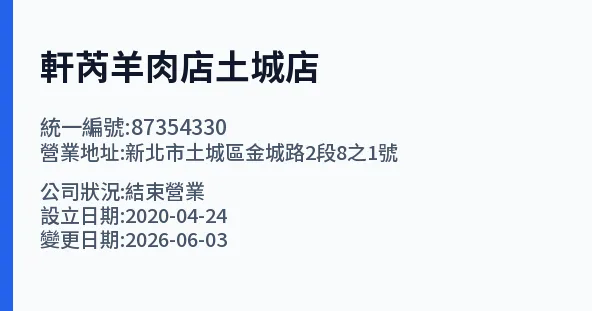 軒芮羊肉店土城店的照片-統編 87354330(新北市) 公司登記資料與營業項目詳細圖表