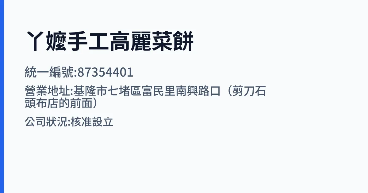 丫嬤手工高麗菜餅 - 統編 87354401(基隆市) 公司登記資料與營業項目詳細圖表
