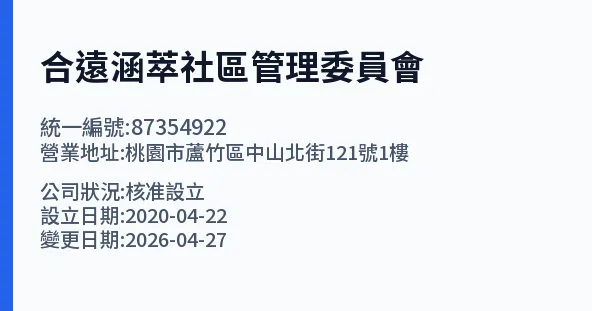 合遠涵萃社區管理委員會的照片-統編 87354922(桃園市) 公司登記資料與營業項目詳細圖表