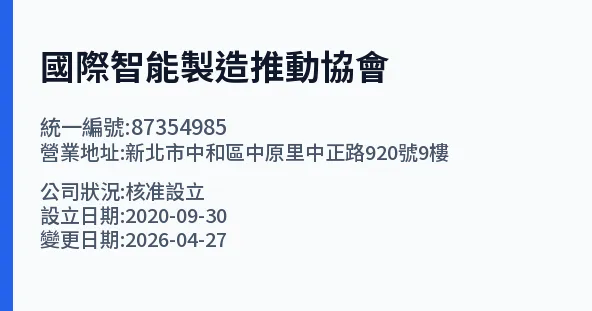 國際智能製造推動協會的照片-統編 87354985(新北市) 公司登記資料與營業項目詳細圖表