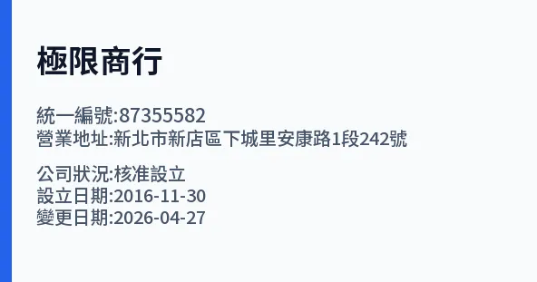 極限商行的照片-統編 87355582(新北市) 公司登記資料與營業項目詳細圖表