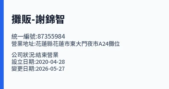攤販-謝錦智的照片-統編 87355984(花蓮縣) 公司登記資料與營業項目詳細圖表